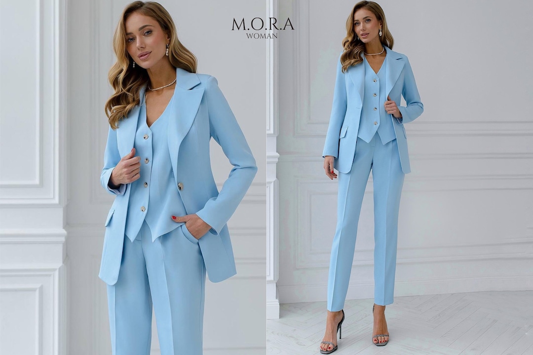 Sky Blue 3-piece Pantsuit With Vest, Elegant Summer Formal Outfit for ...