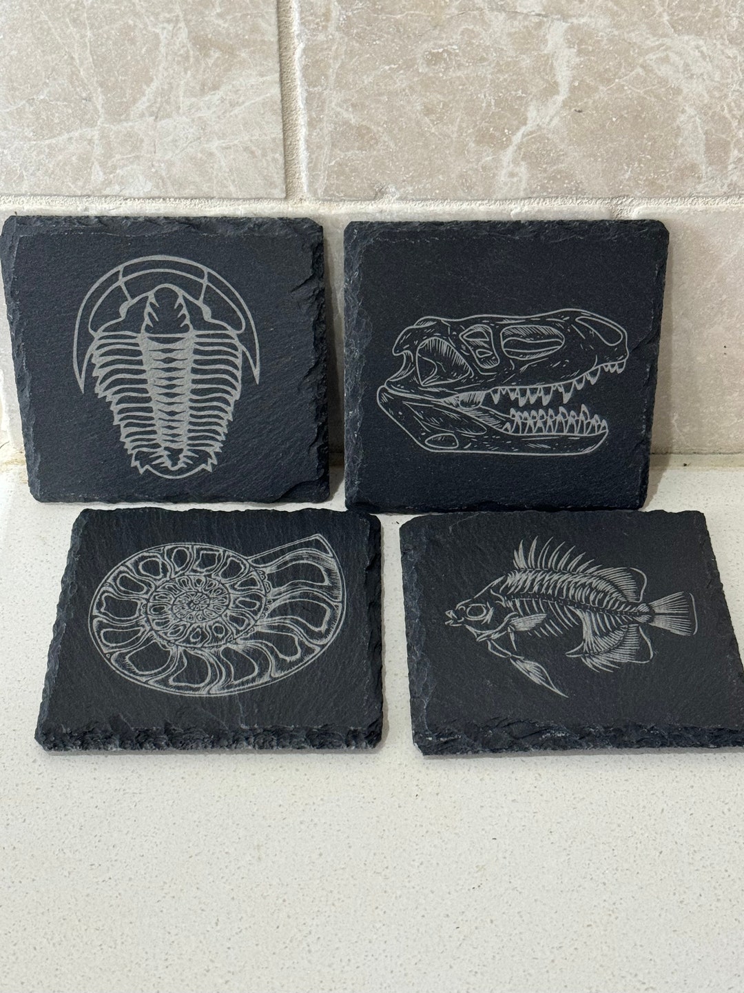 Set of 4 Slate Coasters With Wood Stand Fossils Gift for New Home - Etsy