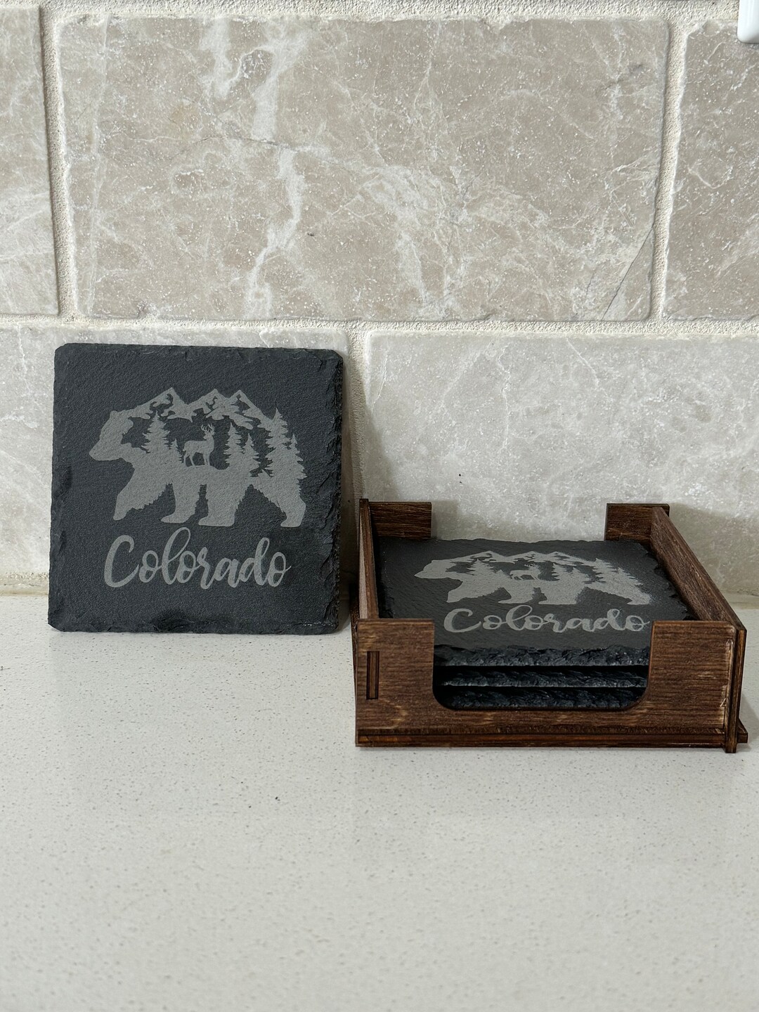 Set of 4 Slate Coasters With Wood Stand Colorado Wilderness Bear Gift ...
