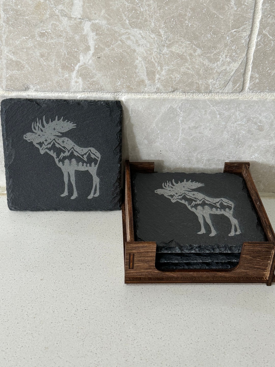Set of 4 Slate Coasters With Wood Stand Colorado Wilderness Moose ...