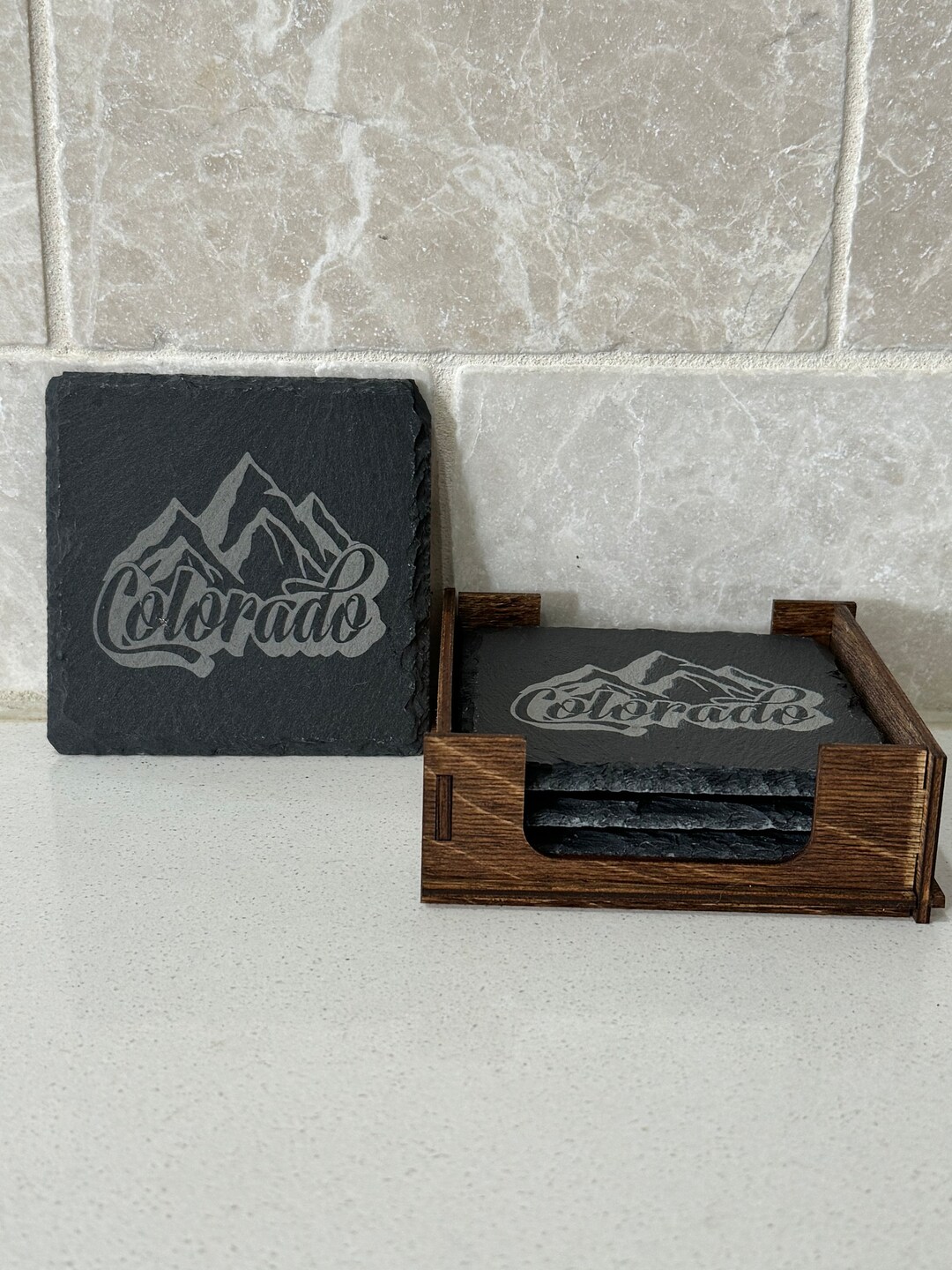 Set of 4 Slate Coasters With Wood Stand Colorado Wilderness Mountains ...