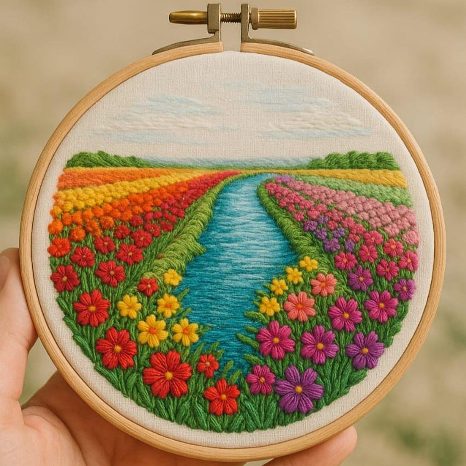 Flower Field & Water Canal Embroidery Pattern PDF | Floral Landscape ...