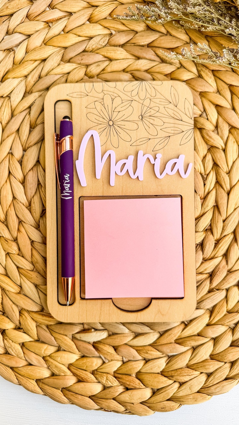 Floral Wooden Sticky Note Holder: Personalized Acrylic Name, Office ...