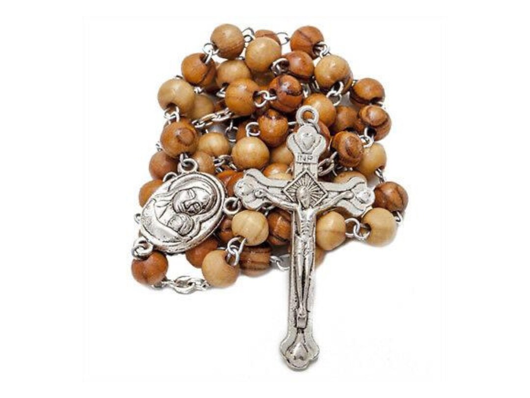 Handmade Olive Wood Rosary Beads With Crucifix, Holy Family Charm, and ...