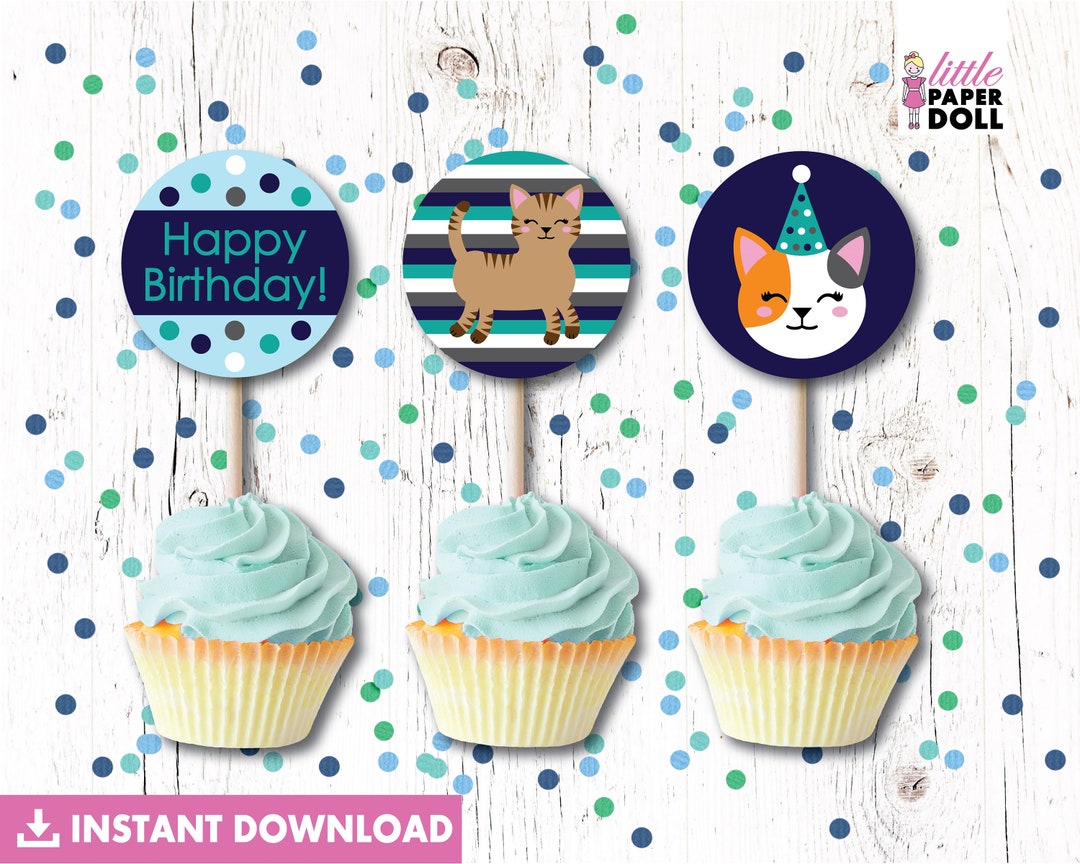Cat Birthday Party Cupcake Printable Toppers, Purr-fect Kitty Cat Party ...