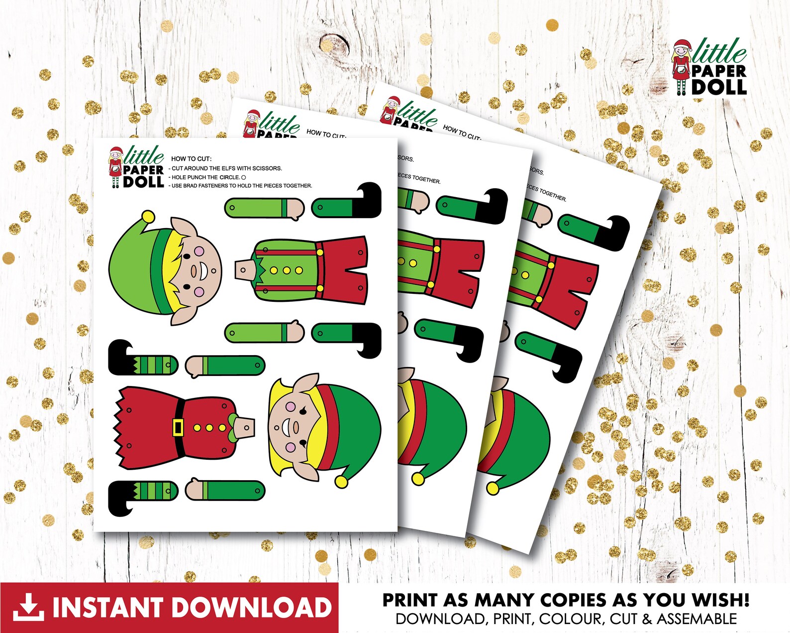 Elf Paper Dolls INSTANT DOWNLOAD, Elf Paper Puppets, Elf Christmas ...