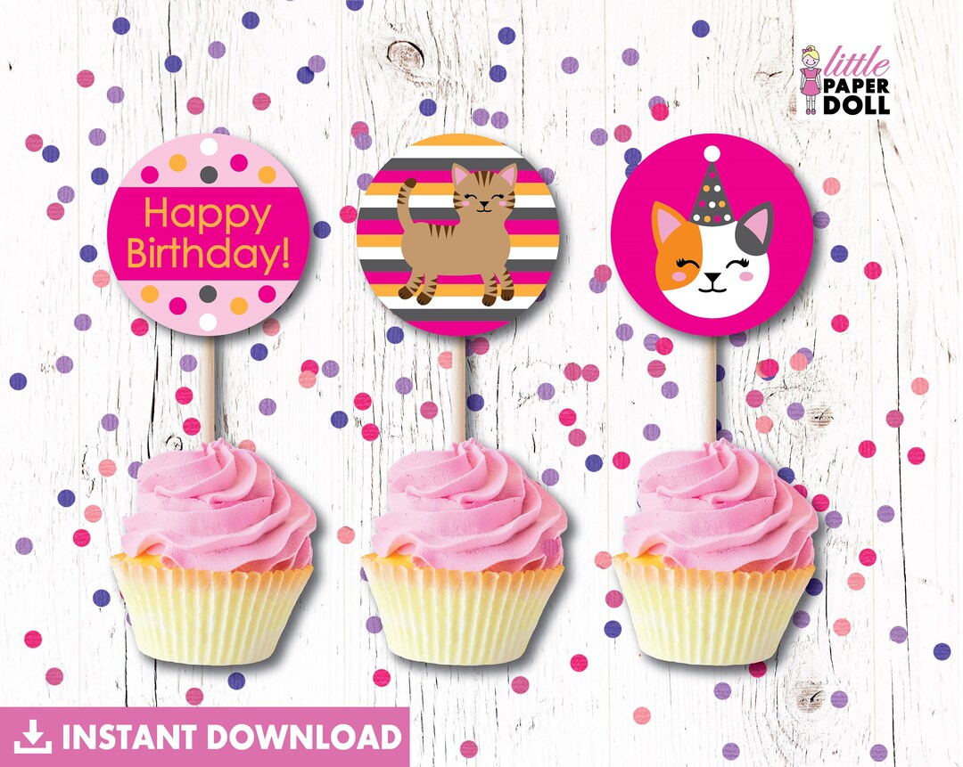 Cat Birthday Party Cupcake Printable Toppers, Purr-fect Kitty Cat Party ...