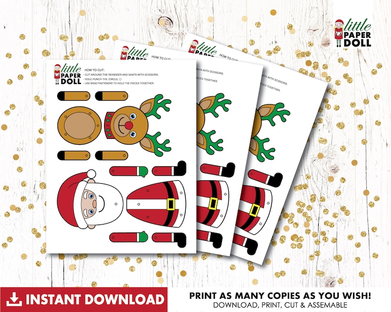 Christmas Paper Dolls INSTANT DOWNLOAD Printable Kids DIY Craft, Santa ...