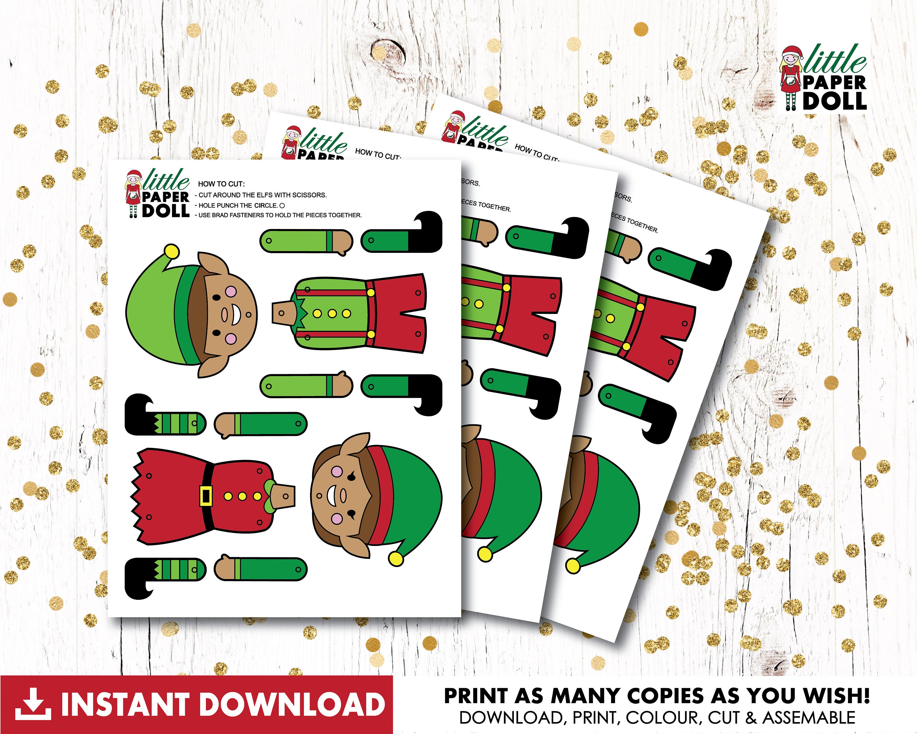 Elf Paper Dolls INSTANT DOWNLOAD, Elf Paper Puppets, Elf Christmas ...