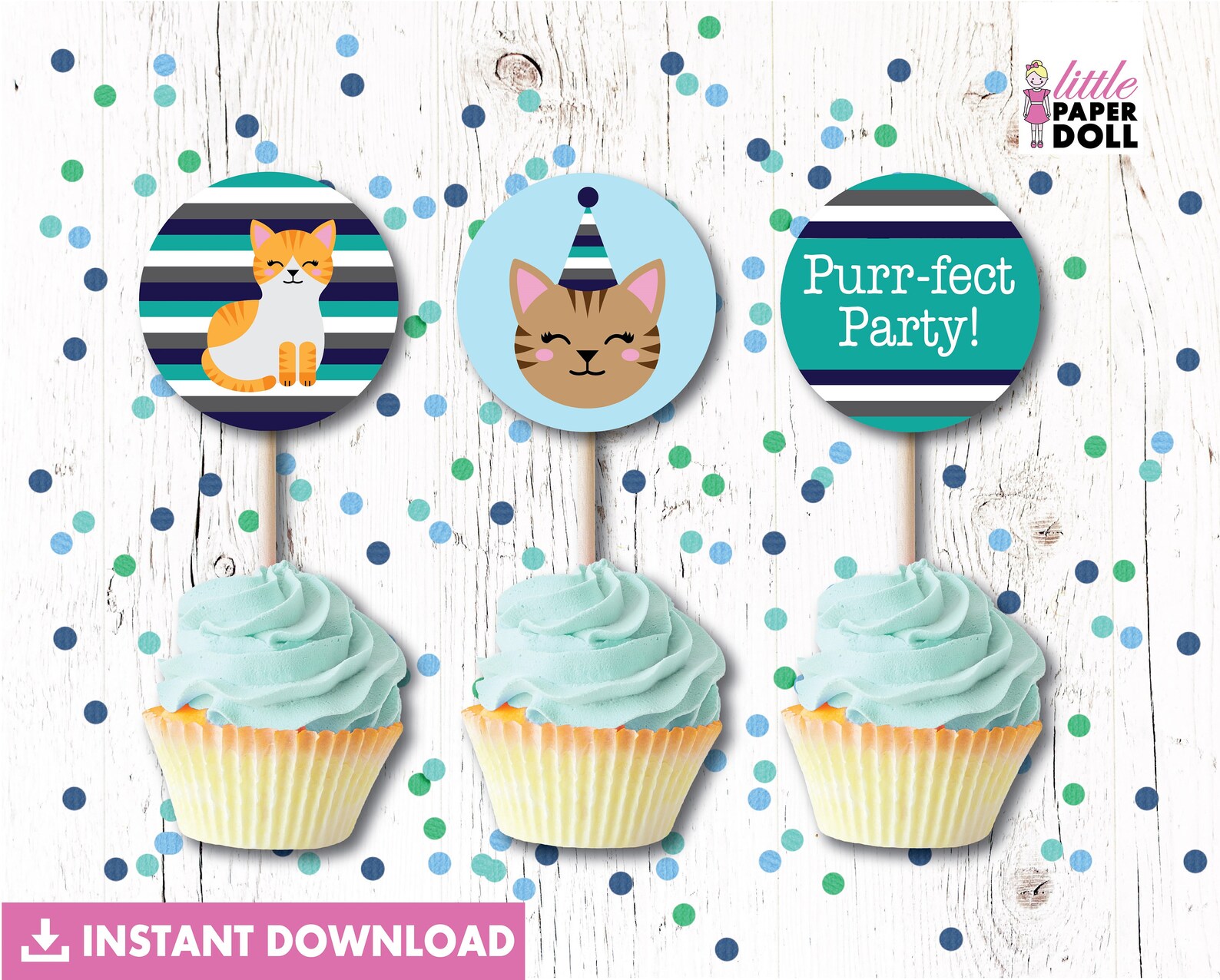 Cat Birthday Party Cupcake Printable Toppers, Purr-fect Kitty Cat Party ...