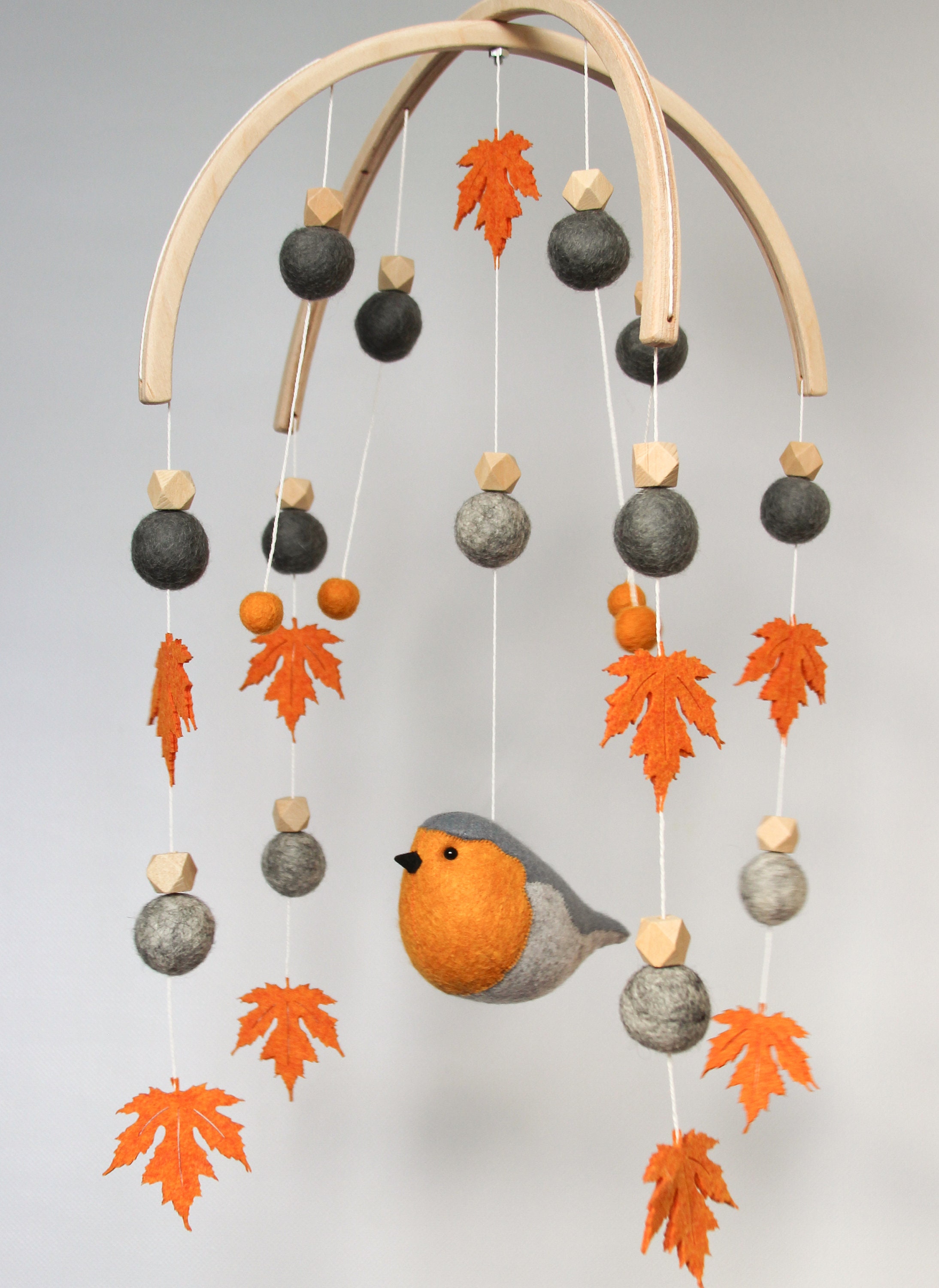 Baby Mobile With Robin Bird , Maple Leaves and Felt Balls - Pom Pom ...