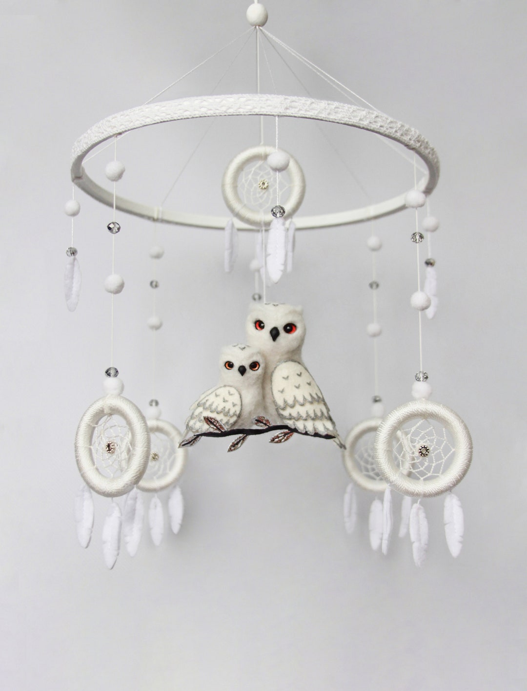 Baby Mobile White With Owls and Dream Catchers - Mobile Nursery ...
