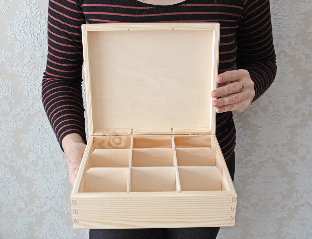 Unfinished Wooden Tea Box, Unpainted Wood Tea Box, 9 Compartments Box ...