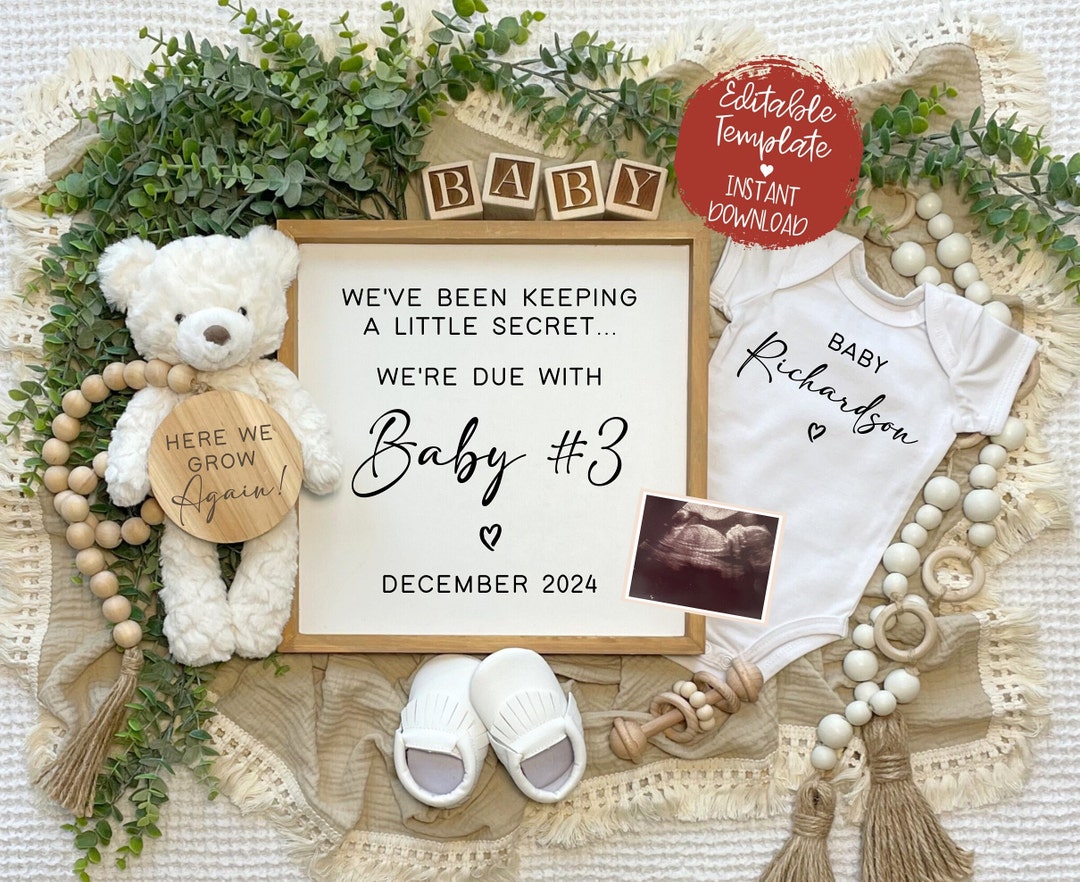 Third Pregnancy Announcement, Digital Baby Announcement, Gender Neutral ...