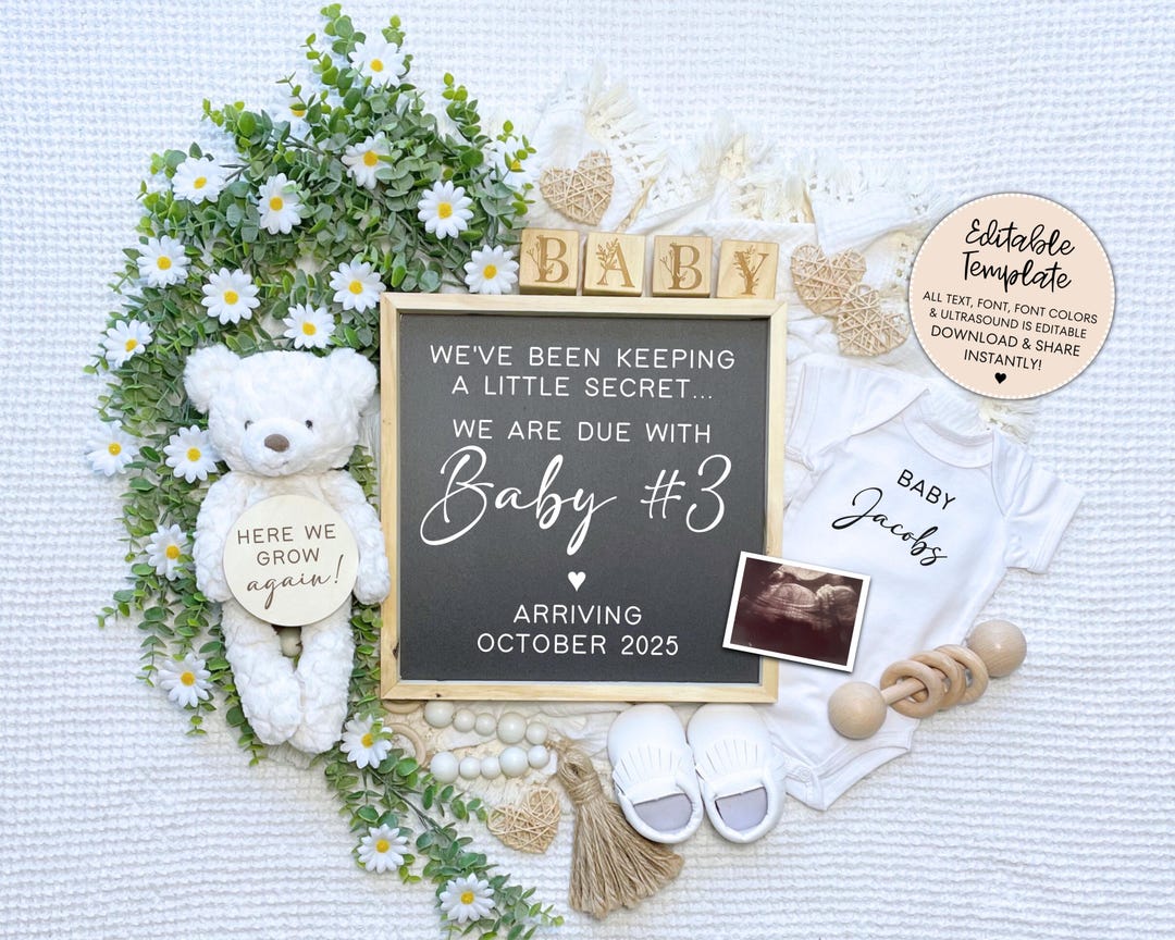 Third Baby Pregnancy Announcement: Editable Social Media Reveal ...