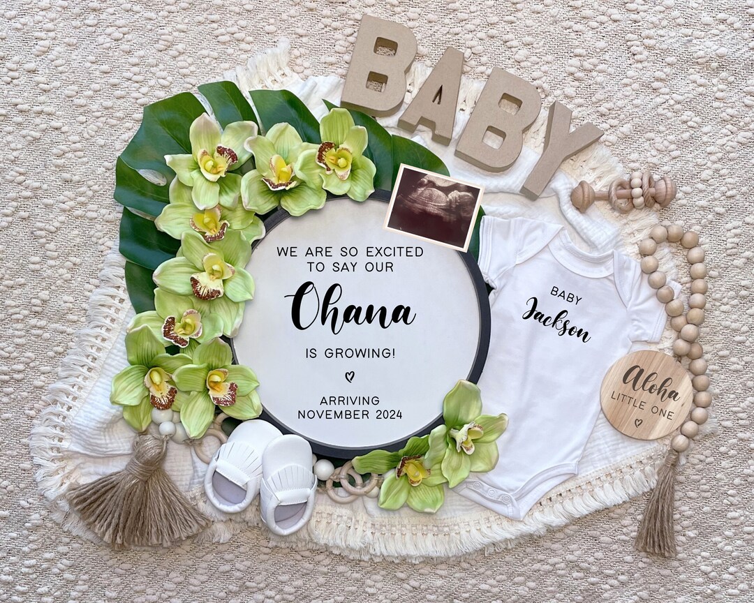 Ohana Pregnancy Announcement, Digital Tropical Baby Announcement ...