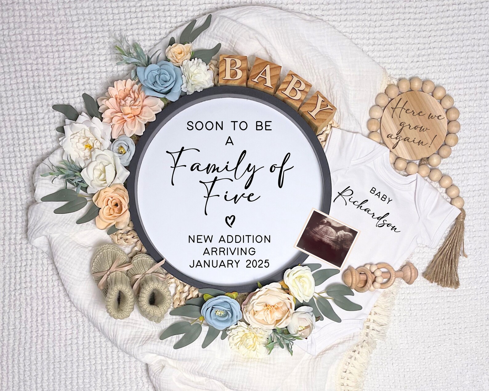 Third Baby Announcement: Family of Five, Gender Neutral (digital ...