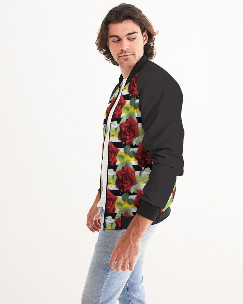 Men’s Bomber Jacket - Roses and Black White and Yellow Stripes ...