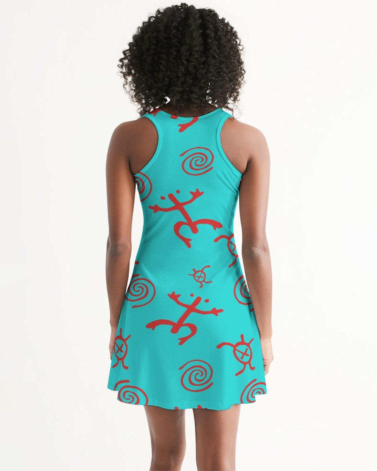 Women's Racerback Dress Taino Pattern Aqua and Red Coqui | Sabroso ...