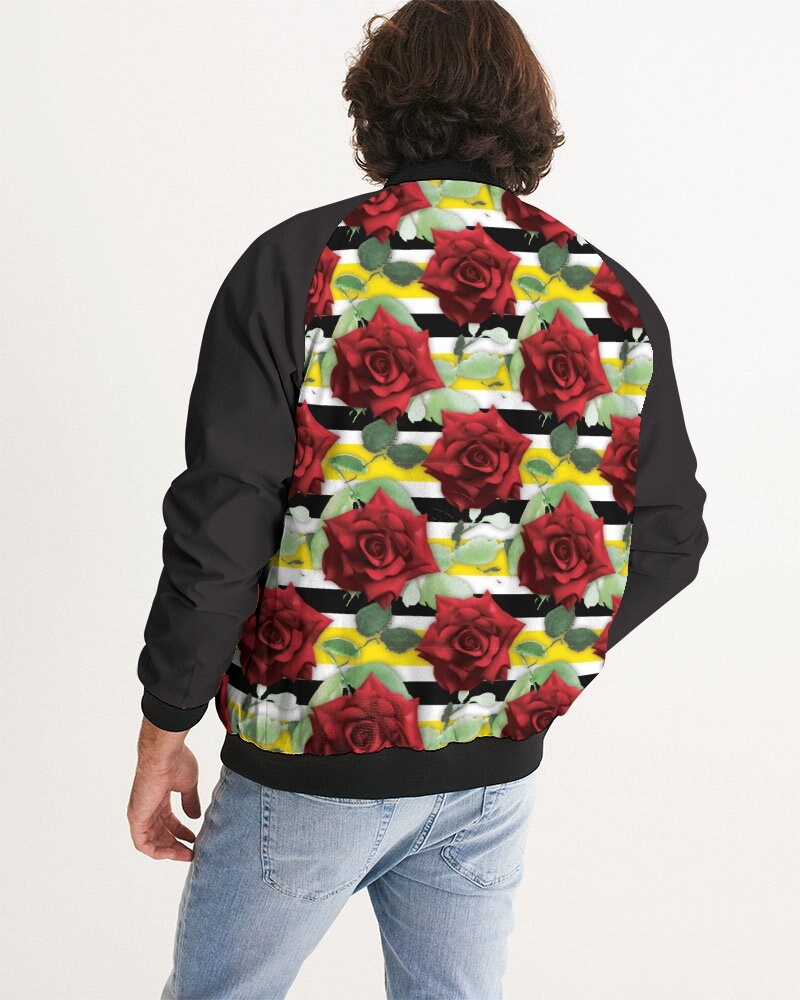Men’s Bomber Jacket - Roses and Black White and Yellow Stripes ...