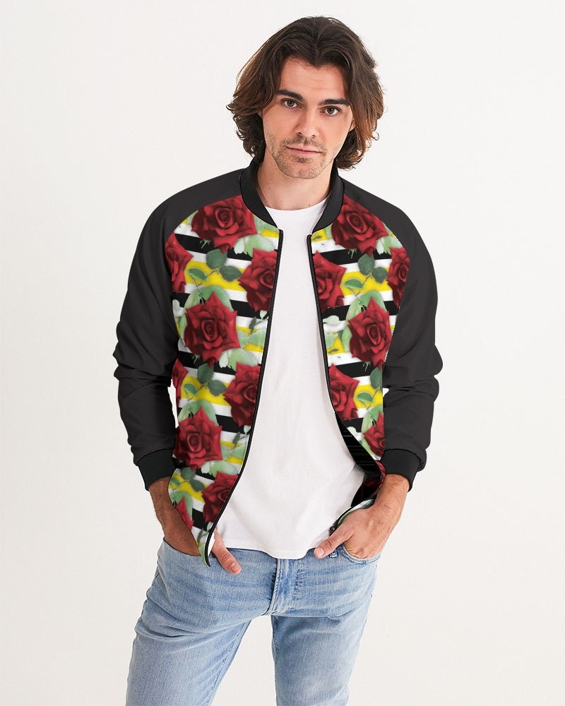 Mens Bomber Jacket Roses and Black White and Yellow Stripes - Etsy