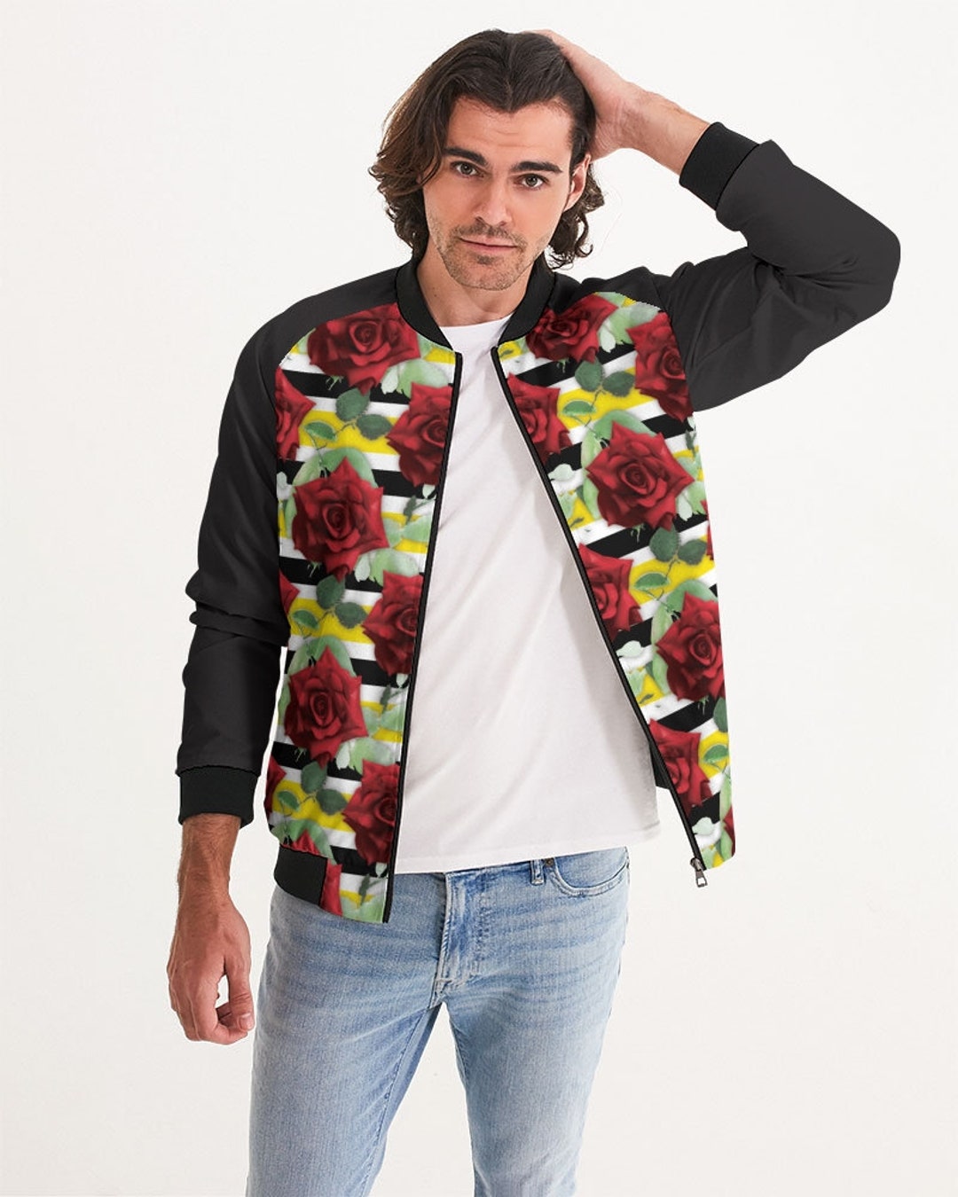 Men’s Bomber Jacket - Roses and Black White and Yellow Stripes ...