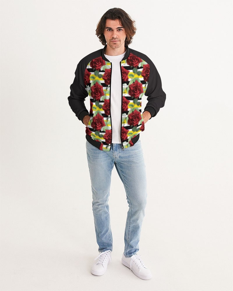 Men’s Bomber Jacket - Roses and Black White and Yellow Stripes ...