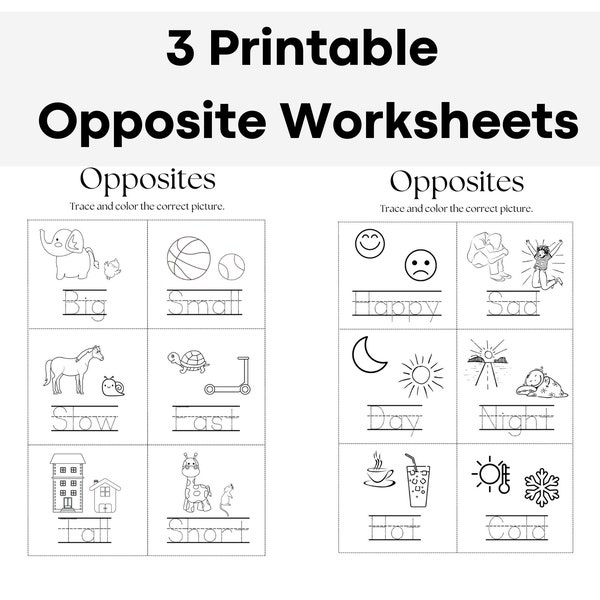 Preschool Opposites Worksheets - Etsy