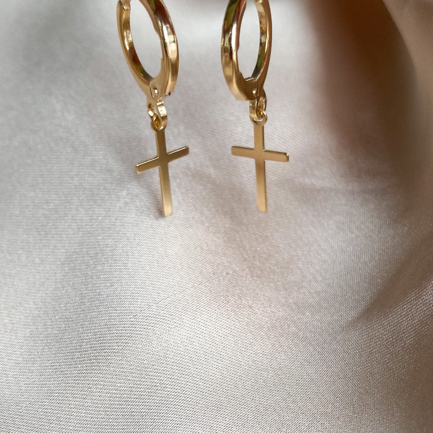 Cross Dangle Hoop Earrings 18k Gold Filled Dangling Cross - Etsy