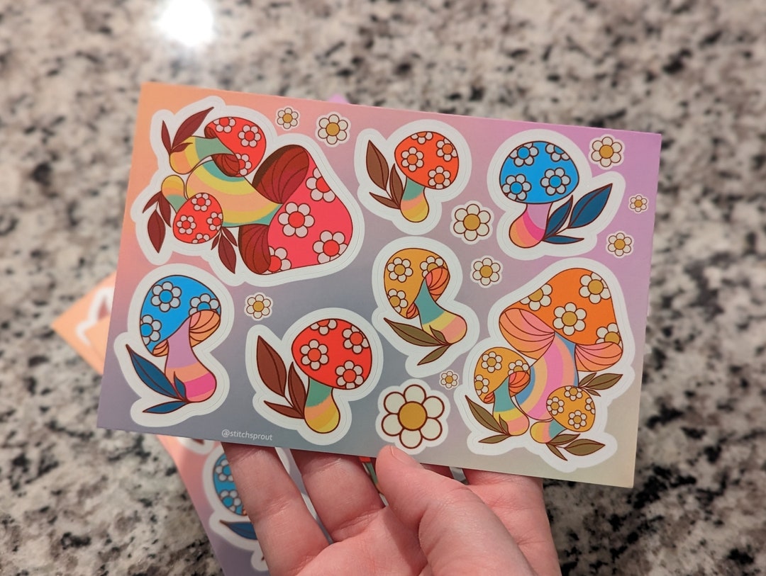 Retro Trippy Merry Mushroom Kiss Cut Vinyl Sticker Sheet - Laptop ...