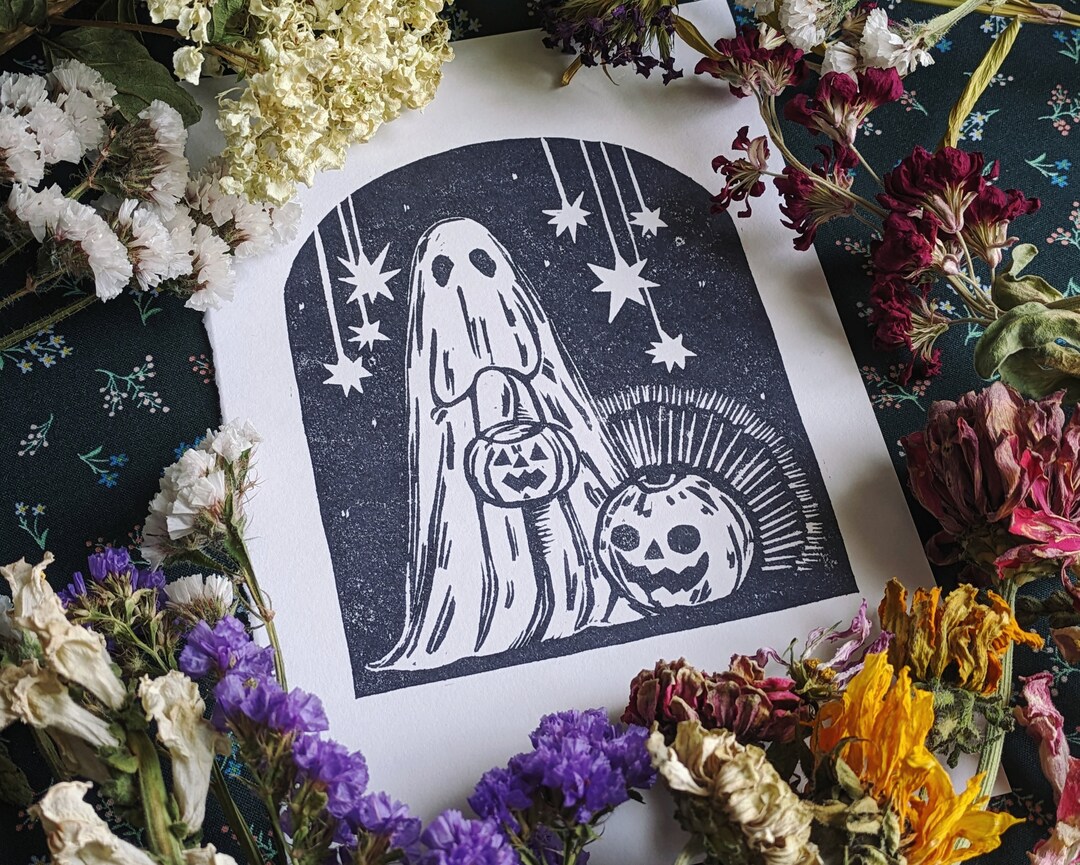 Trick or Treat Ghost & Pumpkin Linocut Print - Halloween Print ...