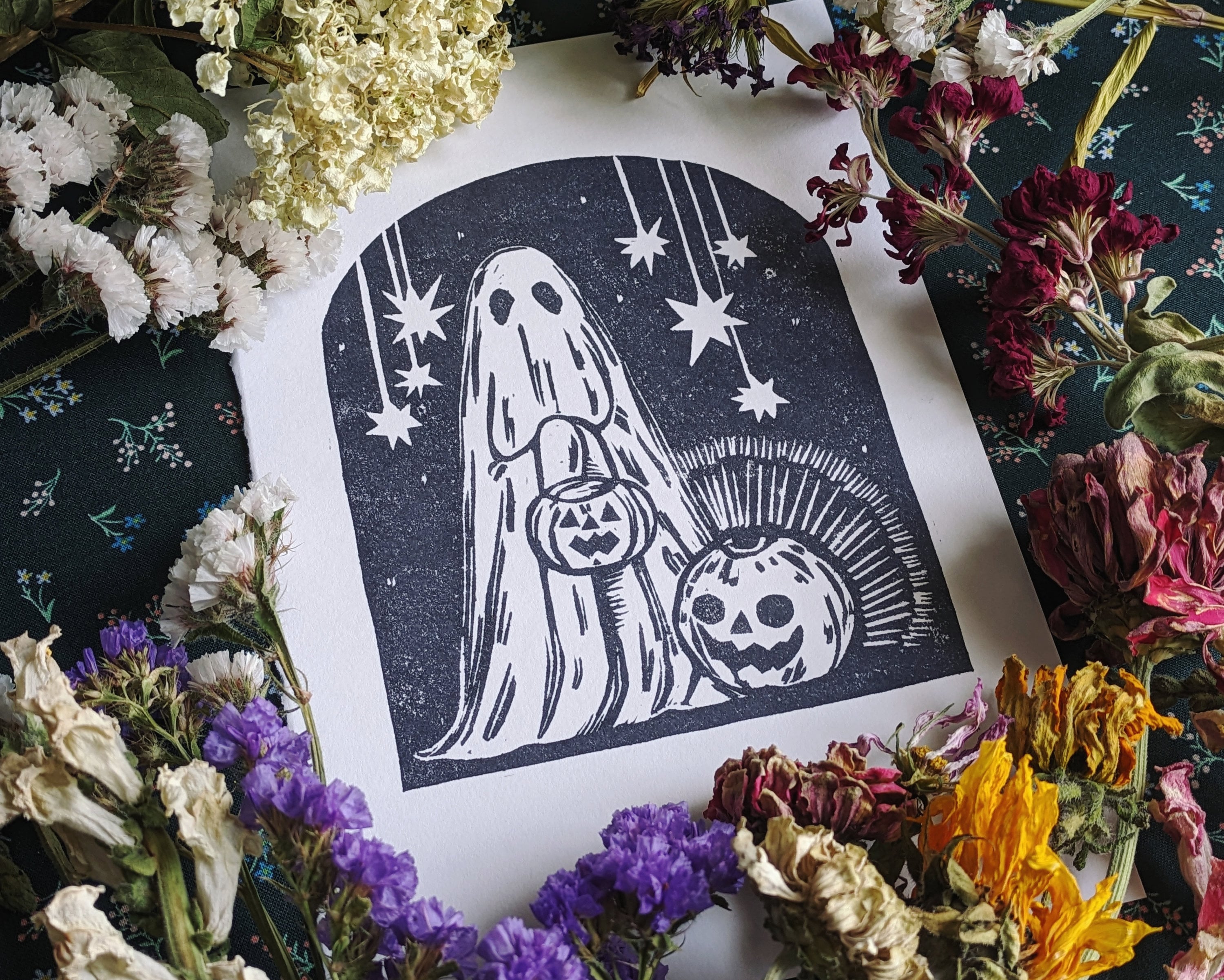 Trick or Treat Ghost & Pumpkin Linocut Print - Halloween Print ...