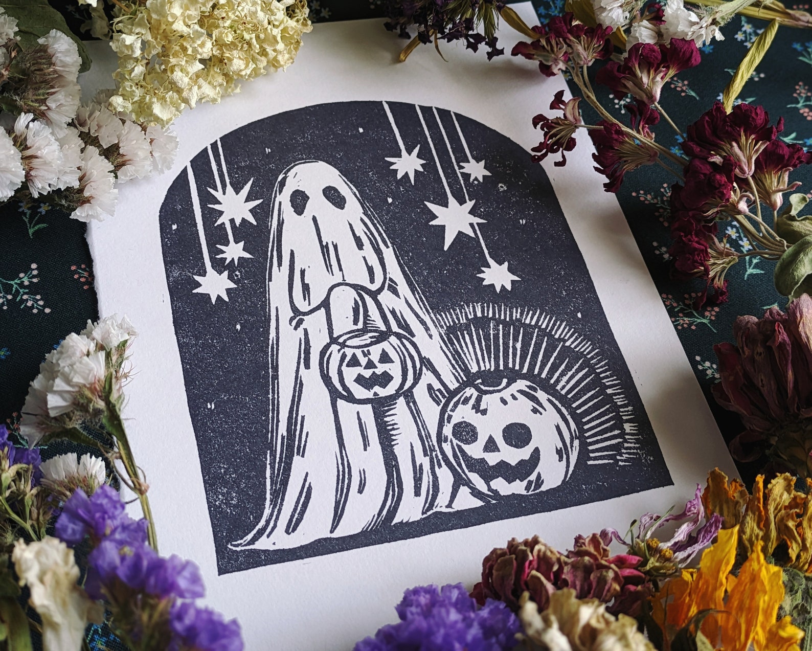 Trick or Treat Ghost & Pumpkin Linocut Print - Halloween Print ...