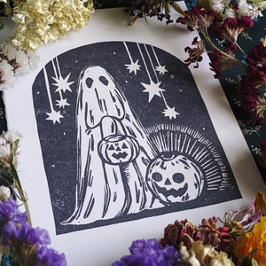 Trick or Treat Ghost & Pumpkin Linocut Print - Halloween Print ...