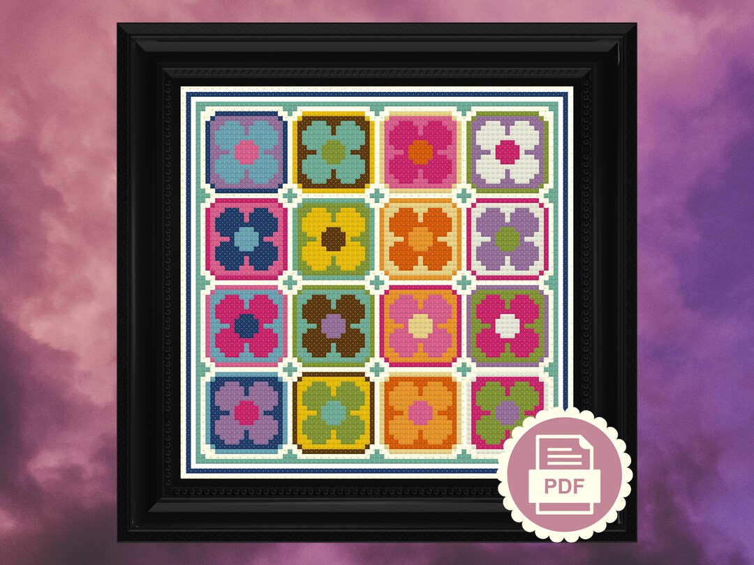 Retro 80s Flower Power Sampler - Modern Cross Stitch Pattern - Instant ...