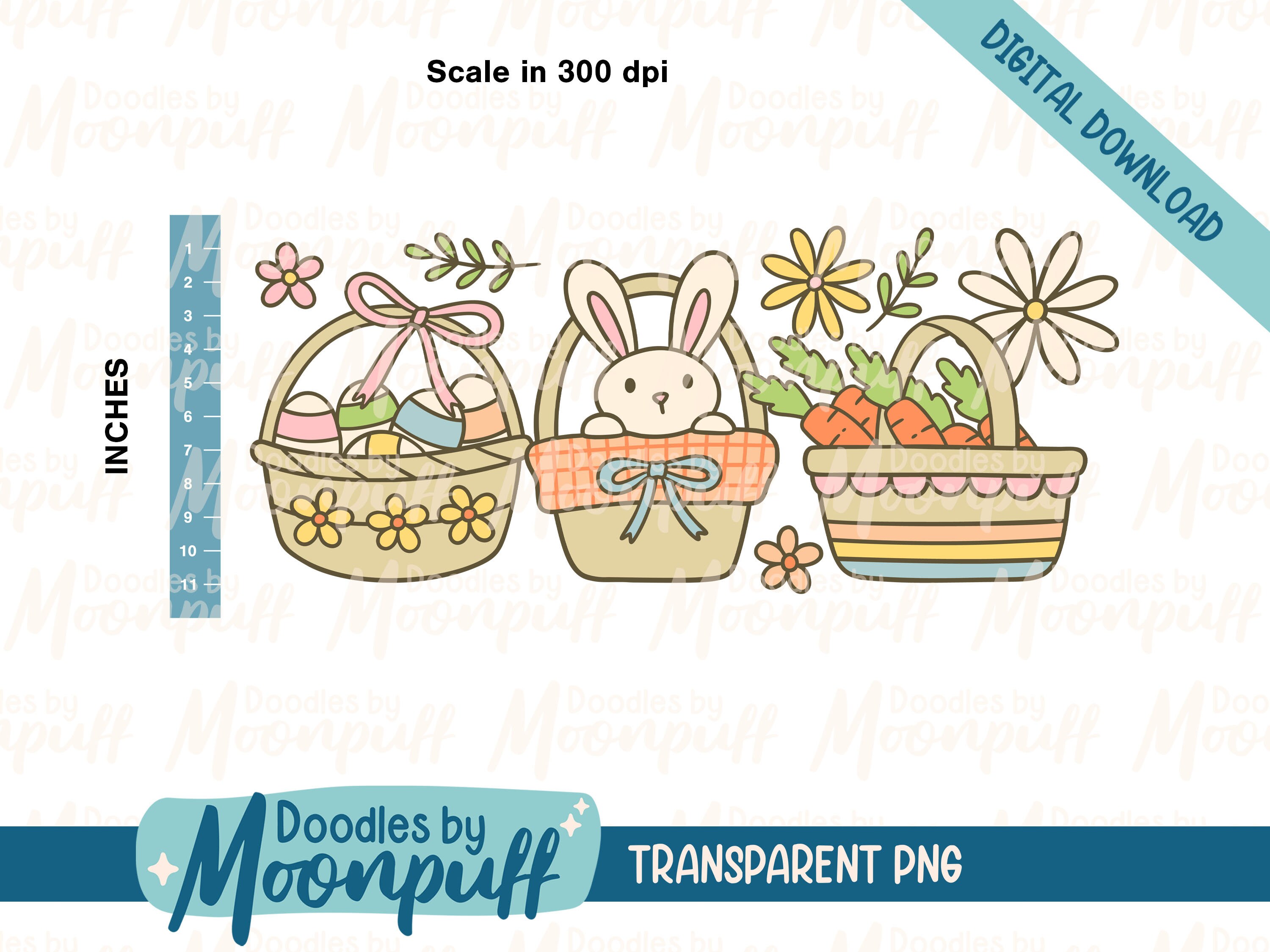Easter Baskets & Flowers Hand Drawn Clipart Set, Bunny Egg Carrot ...