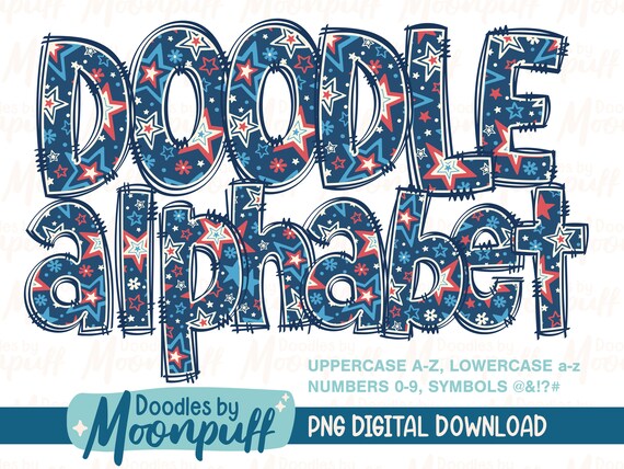 Red White & Blue Stars Doodle Alphabet Letters Transparent - Etsy