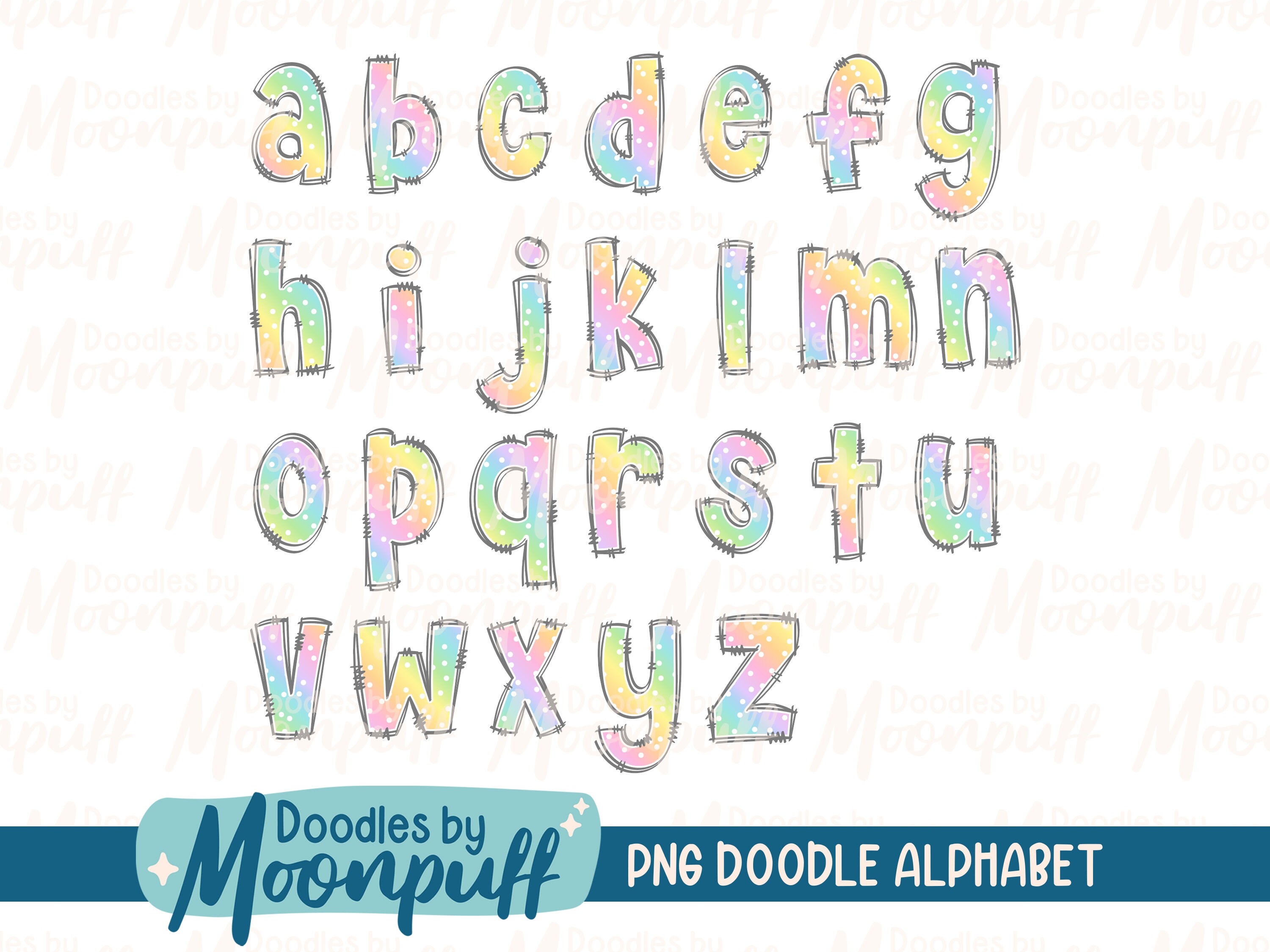 White Confetti on Pastel Rainbow Gradient Doodle Alphabet Letters ...