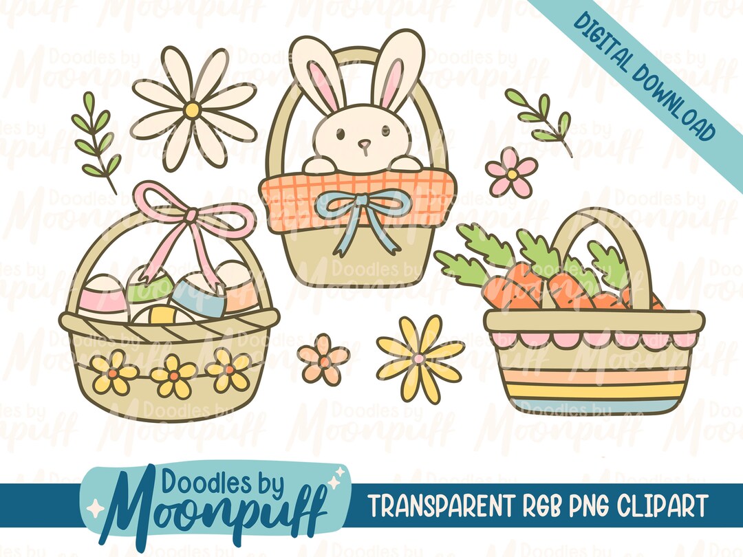 Easter Baskets & Flowers Hand Drawn Clipart Set, Bunny Egg Carrot ...