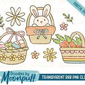 Easter Baskets & Flowers Hand Drawn Clipart Set, Bunny Egg Carrot ...