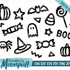 Halloween Chunky Doodle SVG Cut Files, Cute Spooky Line Art Elements ...