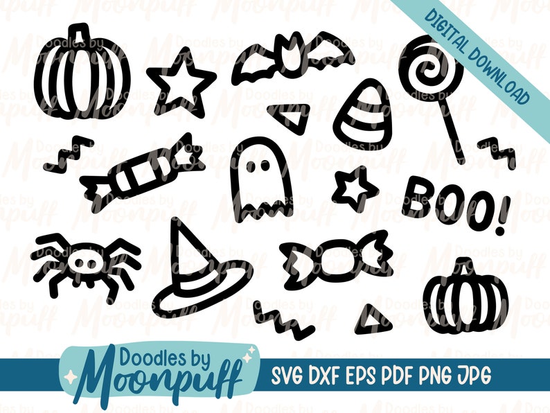 Halloween Chunky Doodle SVG Cut Files, Cute Spooky Line Art Elements ...