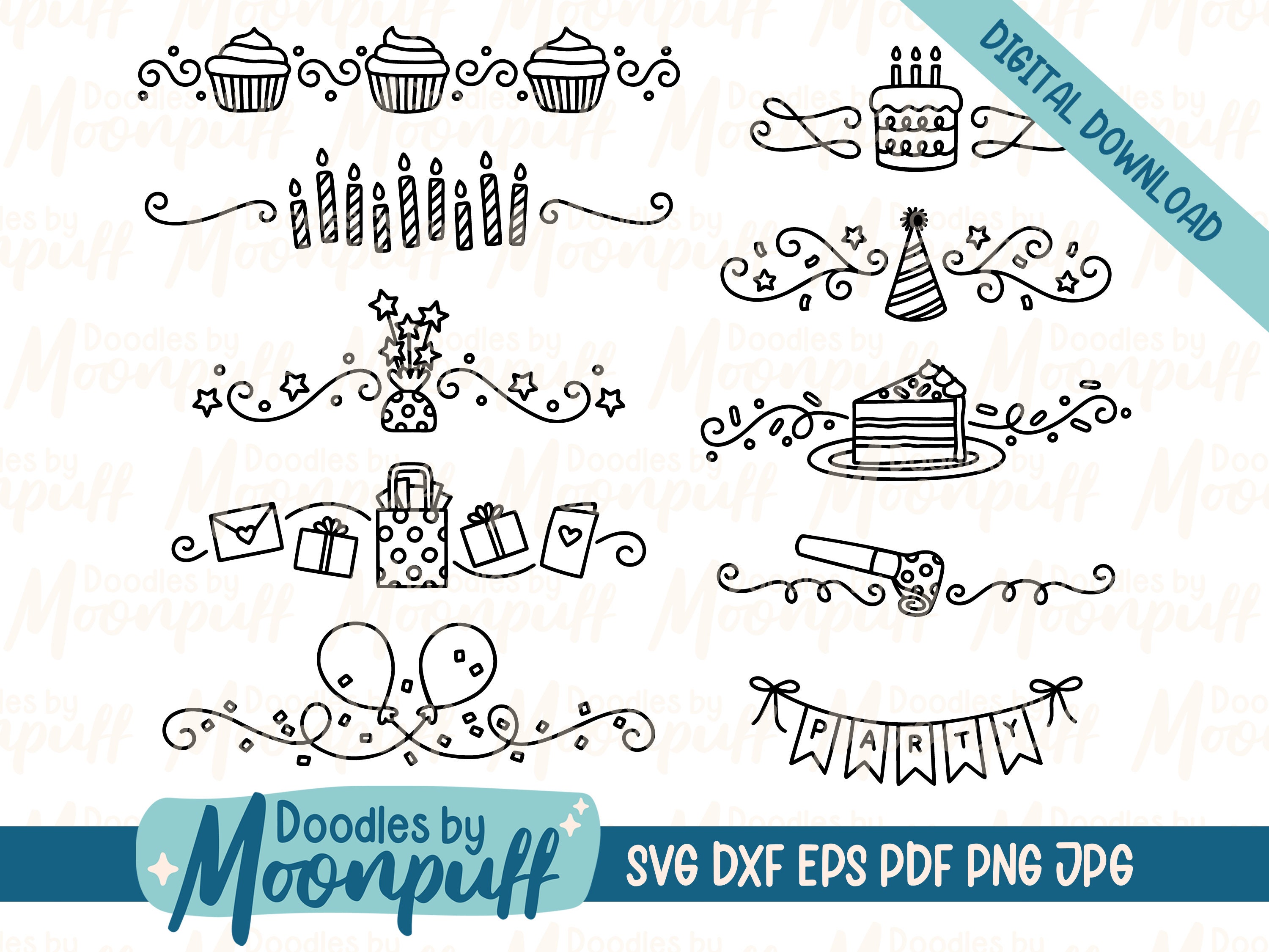 Birthday Party Text Dividers SVG Clipart, Hand-drawn Birthday ...