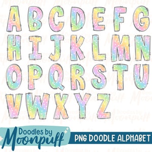 White Confetti on Pastel Rainbow Gradient Doodle Alphabet Letters ...