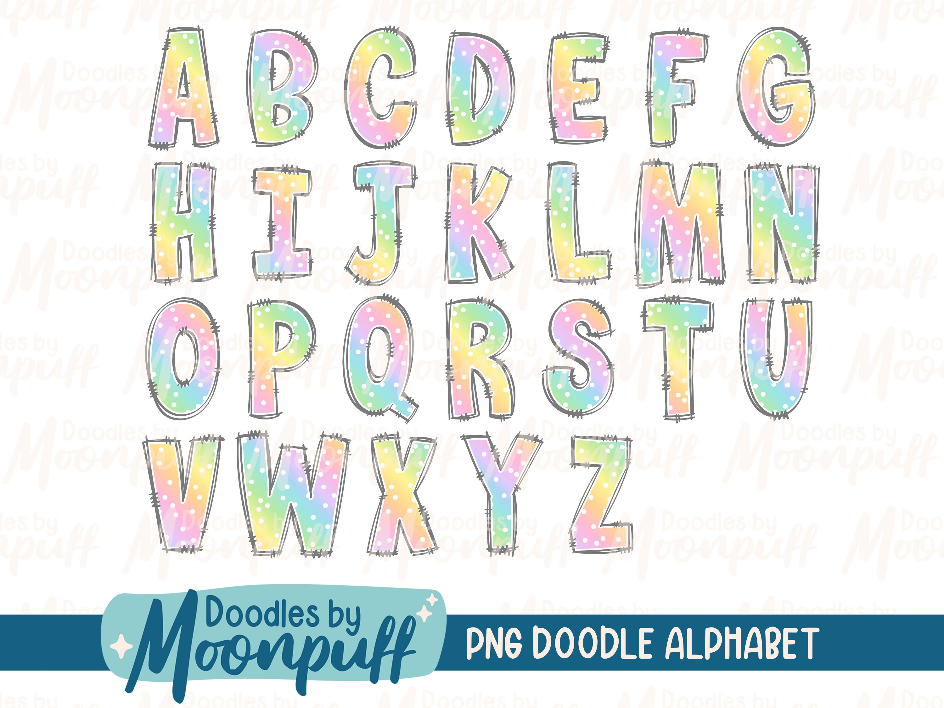 White Confetti on Pastel Rainbow Gradient Doodle Alphabet Letters ...