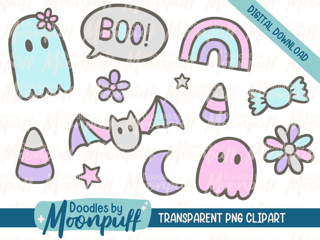 Pastel Halloween Clipart, Creepy Cute PNG Clipart, Ghost Bat Candy Boo ...