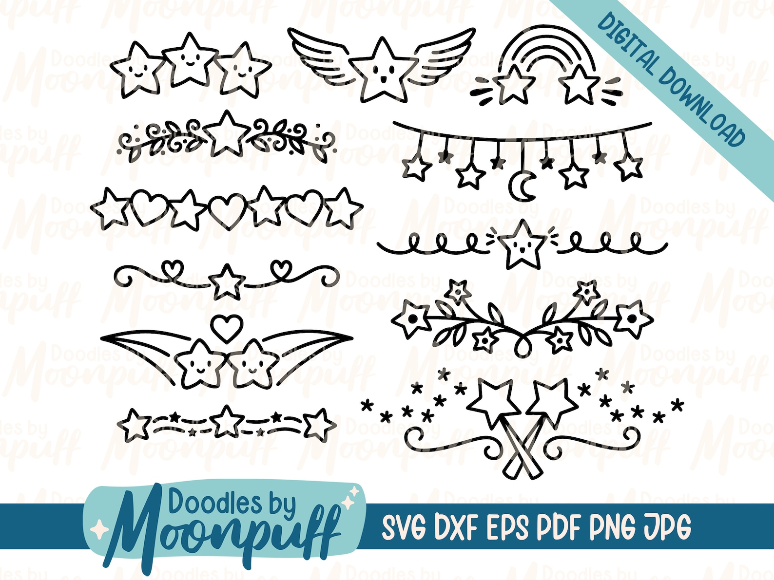 Cute Star Text Dividers SVG Clipart, Kawaii Night Sky Swirls Border ...