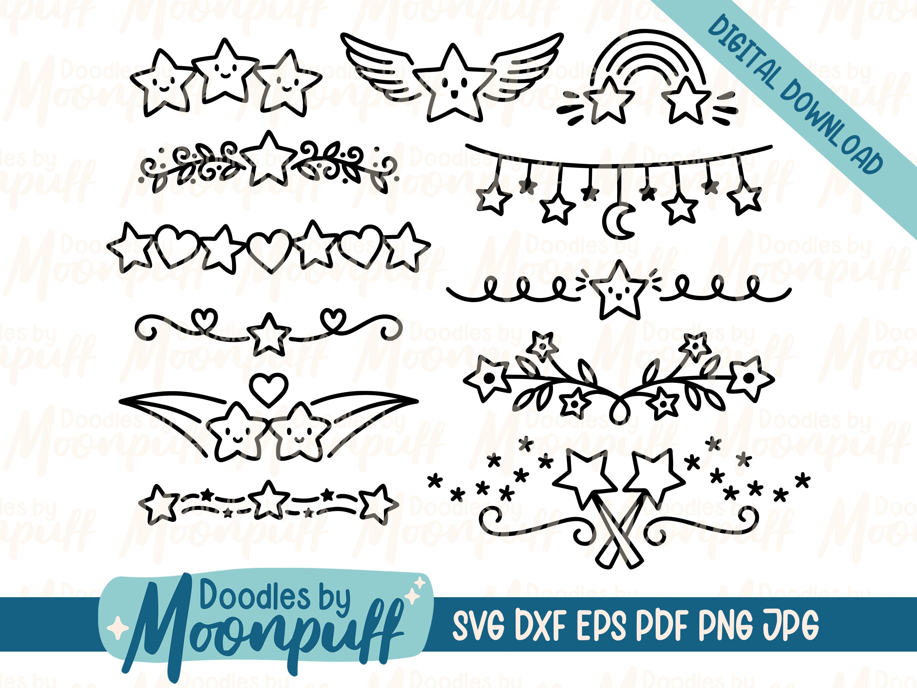 Cute Star Text Dividers SVG Clipart Kawaii Night Sky Swirls - Etsy