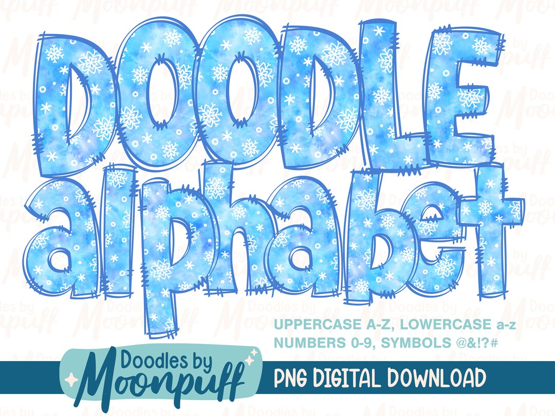 Snowflakes on Blue Watercolor Background Doodle Alphabet Letters Transparent Pngs, Sublimation ...
