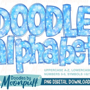 Snowflakes on Blue Watercolor Background Doodle Alphabet Letters ...